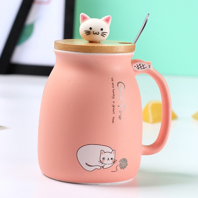 Cat Printed Ceramic Mug with Spoon