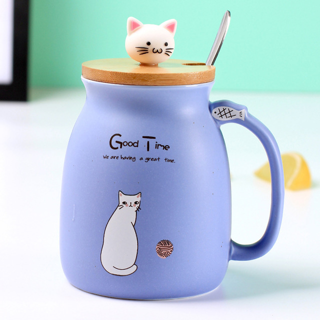 Cat Printed Ceramic Mug with Spoon